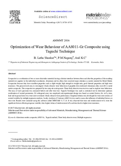 Pdf Optimization Of Wear Behaviour Of Aa8011 Gr Composite Using Taguchi Technique
