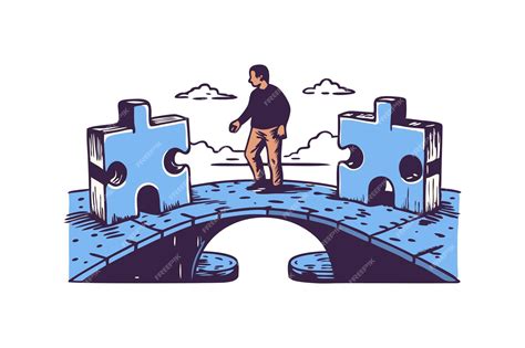 Character Connecting Two Puzzle Pieces Over A Bridge Representing Problemsolving And