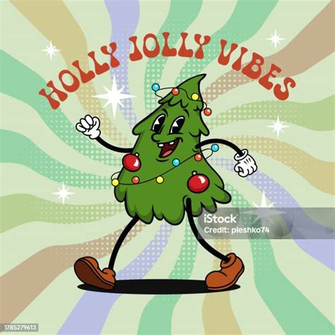 크리스마스 트리 만화 캐릭터입니다 화려한 배경에 걷는 소나무 마스코트 유행의 빈티지 만화 스타일의 벡터 그림입니다 1930 1939 년에 대한 스톡 벡터 아트 및 기타