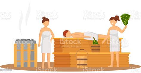 사우나와 한증막 사우나에 있는 사람들의 집합입니다 사람들은 반야에서 자작나무 빗자루로 휴식을 취하고 찜질을 합니다 남자에 대한 스톡 벡터 아트 및 기타 이미지 Istock