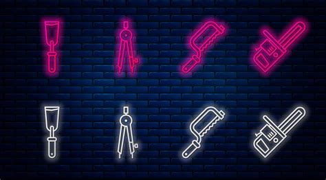 선 그리기 나침반 쇠톱 퍼티 나이프 및 전기 톱을 설정합니다 벽돌 벽에 빛나는 네온 아이콘입니다 벡터 강철에 대한 스톡 벡터