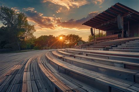 An Openair Amphitheater With Rows Of Seats Facing A Sunset Stage