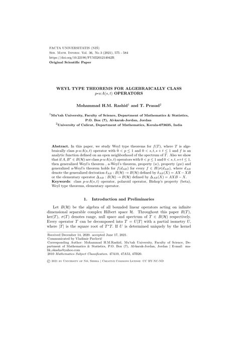 Pdf Weyl Type Theorems For Algebriacally Class P Wast Operators