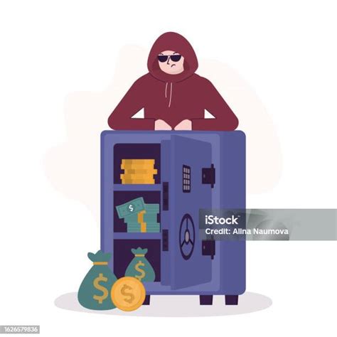 안경과 후드를 쓴 도둑이 금화 현금 돈 가방으로 가득 찬 금고를 열었습니다 돈을 훔치는 도둑 자본 보호 사기 문제 강도에 대한