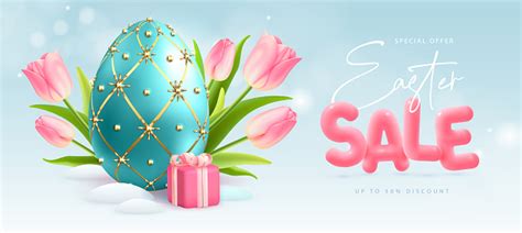행복한 부활절 타이포그래피 큰 판매 포스터 Faberge 달걀 선물 상자 및 분홍색 튤립 인사말 카드 또는 포스터 벡터 그림 3차원 형태에 대한 스톡 벡터 아트 및 기타