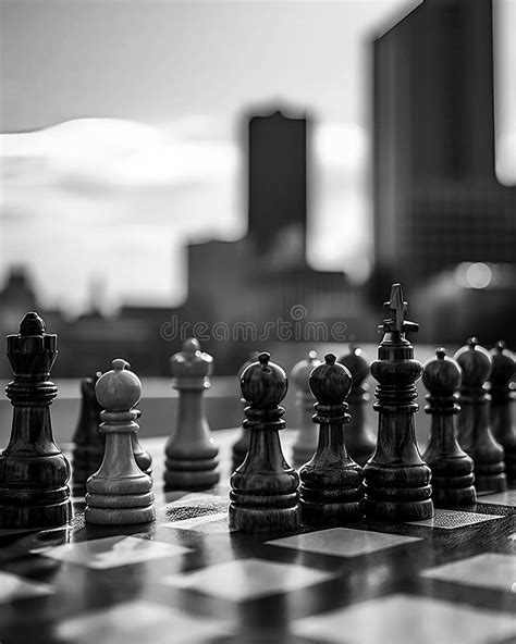 Grayscale Shot Of Chessboard Pieces On A Table In A City Ai Generated