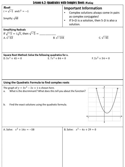 Lesson 6 2 Quadratics With Complex Roots Pdf