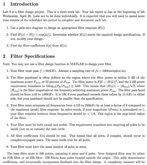 1 Introduction Lab 8 Is A Filter Design Project This