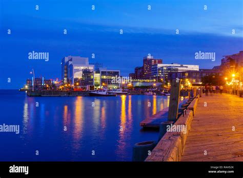 Night View Of Harbor And Downtown Buildings In Halifax Nova Scotia