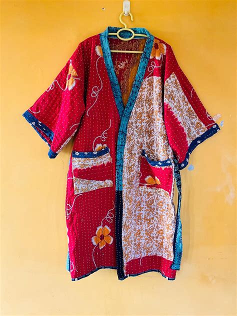 Floral Kantha Quilt Kimono Robe Handmade Cotton Duster Boho Cardigan