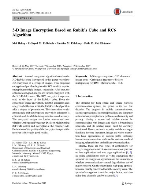 Pdf 3 D Image Encryption Based On Rubiks Cube And Rc6 Algorithm