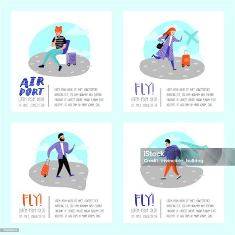 비행기 포스터 배너 브로셔로 여행 하는 사람들 공항에서 수하물 만화 캐릭터입니다 수화물을 가진 남녀 벡터 일러스트 레이 션 가방에 대한 스톡 벡터 아트 및 기타 이미지