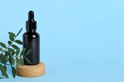연단에 화장품 오일이 든 병과 연한 파란색 배경에 녹색 나뭇가지 텍스트를 위한 공간 0명에 대한 스톡 사진 및 기타 이미지