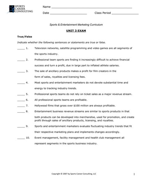 Name Date Class Period Sports And Entertainment Marketing