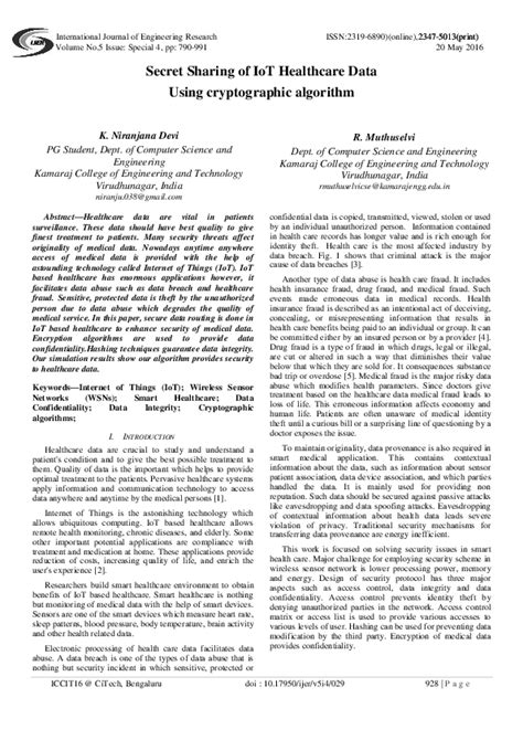 Pdf Secret Sharing Of Iot Healthcare Data Using Cryptographic Algorithm