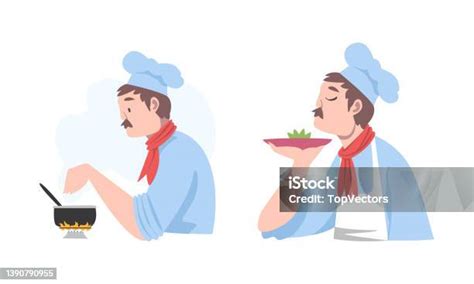 무스 타치 요리 및 시식 요리로 요리사 요리사 세트 만화 벡터 일러스트 레이 션 개체 그룹에 대한 스톡 벡터 아트 및 기타