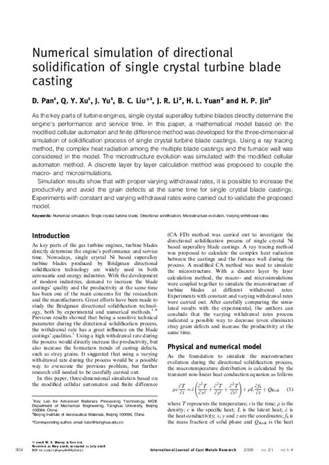 Pdf Numerical Simulation Of Directional Solidification Of Single Crystal Turbine Blade Casting