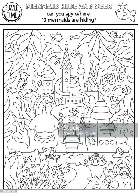 벡터 인어 흑인과 백인 검색 게임 와 바다 왕국 풍경 궁전 숨겨진 공주 꼬리 색칠 공부 페이지를 찾으십시오 라인 해양 검색 및 어린이를 위한 교육용 인쇄 가능한 활동 찾기