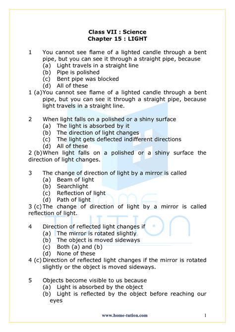 Worksheet For Class 7 Science Chapter 15 Light