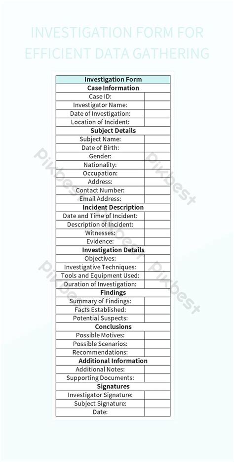 Investigation Form For Efficient Data Gathering Excel Template Free