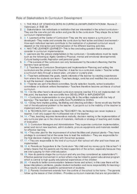 Doc Role Of Stakeholders In Curriculum Development