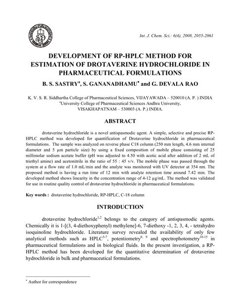 Pdf Development Of Rp Hplc Method For Estimation Of Drotaverine Hydrochloride In