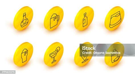 세트 라인 라임 알코올 또는 맥주 바 위치 위스키 잔 와인 병 나무 머그잔 및 병 코냑 브랜디 아이콘과 칵테일 셰이커 벡터 0명에 대한 스톡 벡터 아트 및 기타 이미지