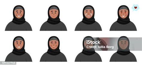 무슬림 여성의 감정이 정해져 있습니다 다른 얼굴 아바타 사람들 얼굴 표정 아이콘 히잡에 있는 한 젊은 여성의 벡터 일러스트레이션