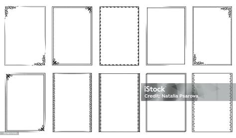 더블 스트로크가있는 단순하고 미묘한 프레임 세트 벡터 테두리 및 프레임 텍스트를 장식하기 위한 수직 빈 템플릿 모음입니다 0명에 대한 스톡 벡터 아트 및 기타 이미지
