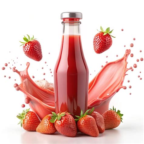 Fresh Strawberry Juice Bottle With Strawberry Cubes For Advertisement