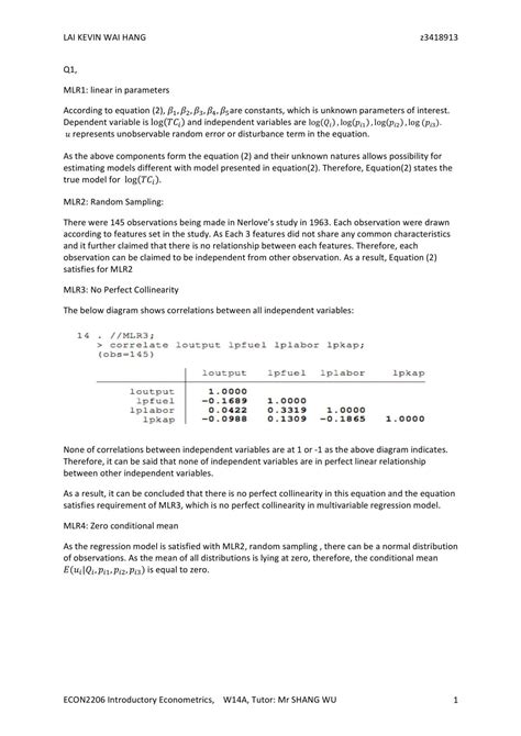 Econ2206 Assignment 1 Econ2206 Introductory Econometrics Unsw