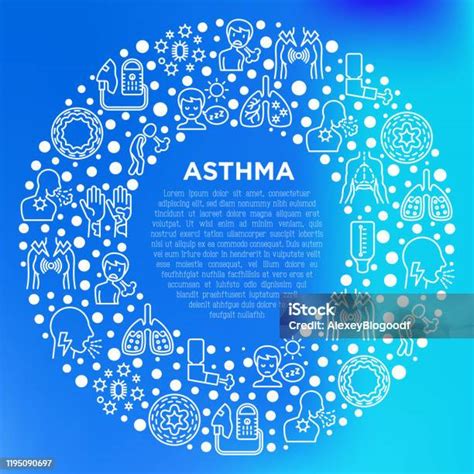 얇은 선 아이콘으로 원에 천식 개념 알레르겐 호흡 곤란 기침 천명 흉통 횡격막 천식 발작 두드러기 가래 피크 유량계 흡입기 분무기 현대 벡터 그림입니다 선 아이콘에 대한