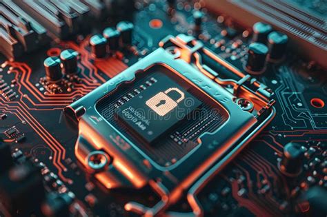 Secure Connection Or Cybersecurity Service Concept Of Compute Motherboard Closeup And Safety