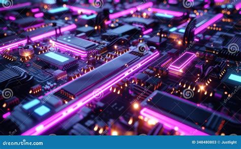 Futuristic Circuit Board Pulsating With Neon Light Innovative Production Stock Illustration