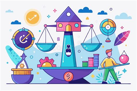 a character interacts with a whimsical scale balancing different