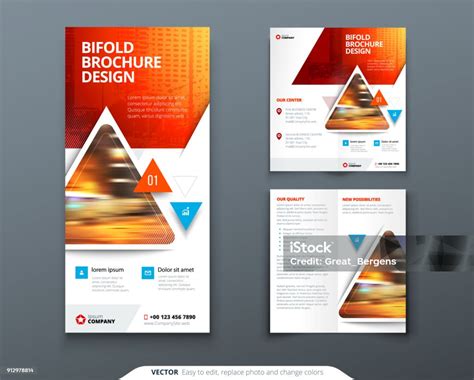 Bifold 브로셔 디자인입니다 레드 Bi 오렌지 템플릿 전단지를 접어 현대 삼각형 사진과 추상 배경 레이아웃입니다 창의적인 개념 접힌된 전단 이나 팜플렛 0명에 대한 스톡