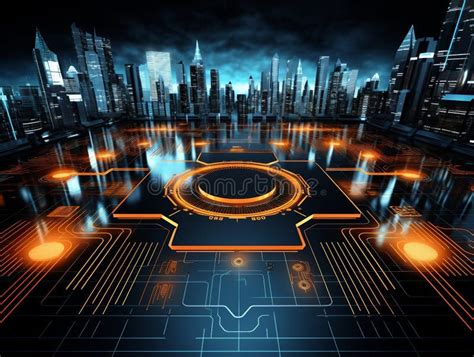 Advanced Technology Concept Featuring Illuminated Circuitry And Urban Scene Generative Ai Stock