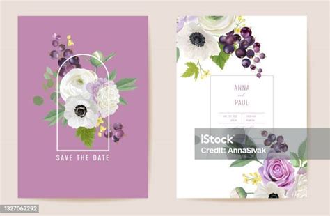 웨딩 꽃다발 꽃 세트 검은 건포도 모란 말미잘 장미 꽃 베리 과일 나뭇잎 그림 날짜 저장 현대 초대를 위한 벡터 수채화 템플릿 그래픽 요소 검은색 까치밥나무 열매에 대한