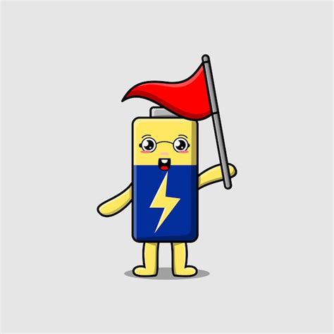 3d 현대적인 디자인 일러스트 레이 션에 삼각형 플래그를 들고 귀여운 만화 배터리 캐릭터 프리미엄 벡터