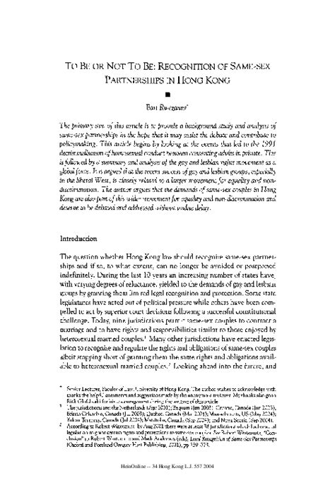 Pdf To Be Or Not To Be Recognition Of Same Sex Partnerships In Hong Kong