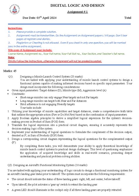Assignment 1 Dld Digital Logic And Design Assignment 1 Due Date 05 Th April 2024 Total