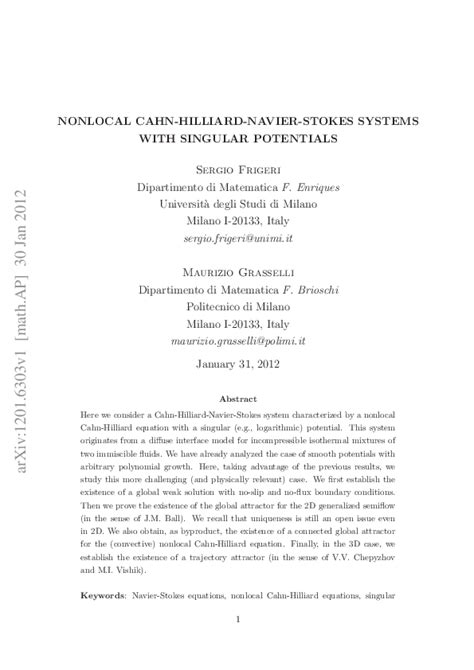 Pdf Nonlocal Cahn Hilliard Navier Stokes Systems With Singular Potentials