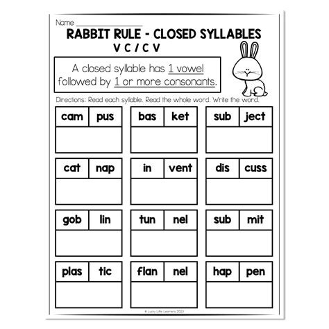 Multisyllable Words Book Rabbit Rule Closed Syllable Combine