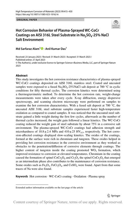 Hot Corrosion Behavior Of Plasma Sprayed Wc Cocr Coatings On Aisi 316l