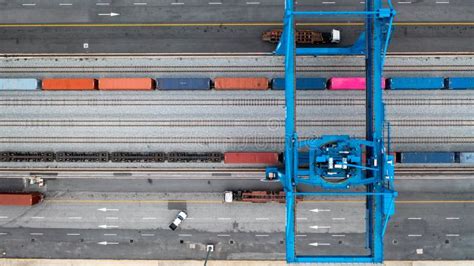Aerial View Of Shipping Container Rail Terminal Train Wagon Cargo Container For Shipping