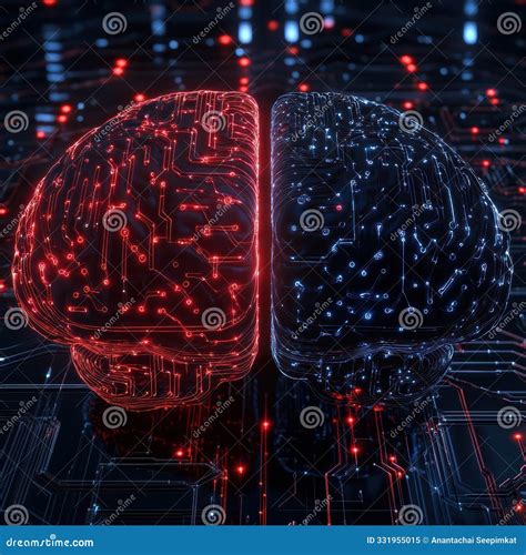 A Digital Representation of a Dual AI Brain, with Red and Blue Circuitry, Symbolizing Artificial ...