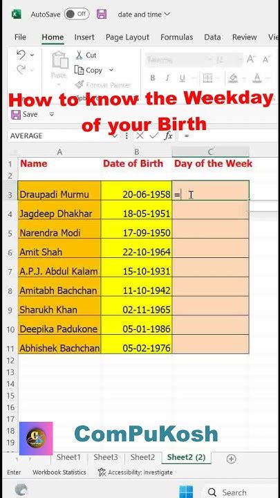 get day name from date in excel excel formula shortvideo