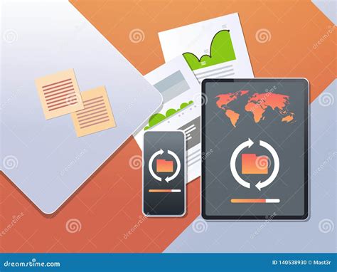 Data Transfer Cloud Computer Connection Database Synchronize Concept Top Angle View Desktop