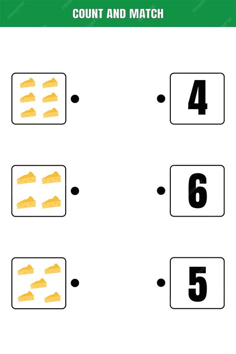 숫자를 세고 짝을 맞추는 어린이를 위한 교육용 수학 게임 미취학 아동을 위한 인쇄 가능한 워크시트 디자인 프리미엄 벡터