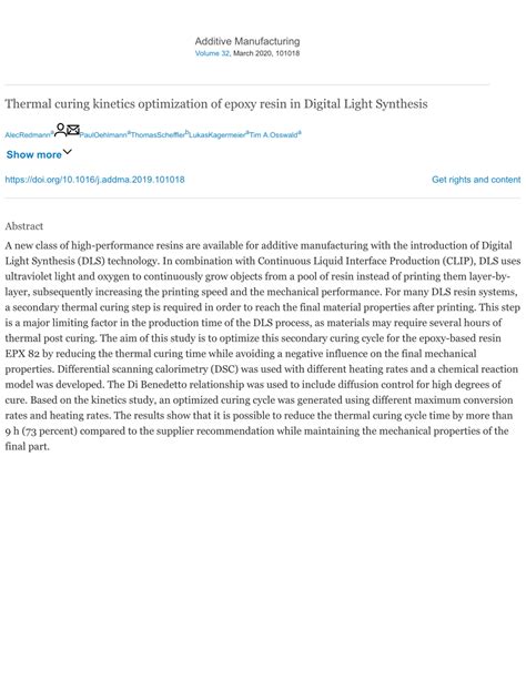 Pdf Thermal Curing Kinetics Optimization Of Epoxy Resin In Digital Light Synthesis